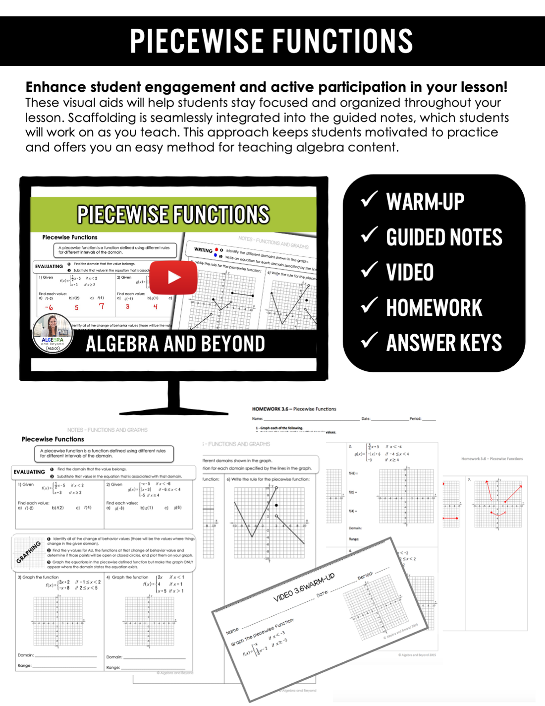 Piecewise Functions Lesson | Algebra 2 | Warmup | Guided Notes | Homew ...