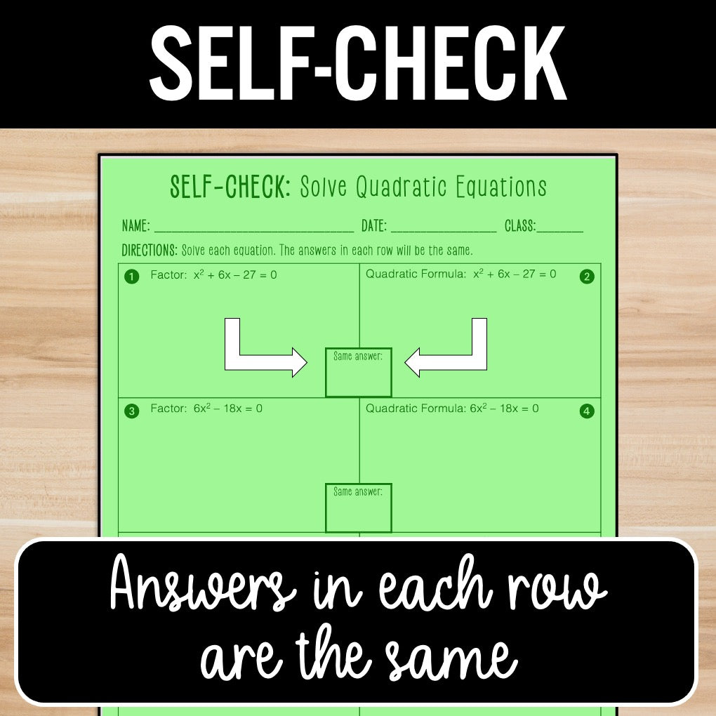 Solving Quadratic Equations Practice | Self-Check Review Activities ...