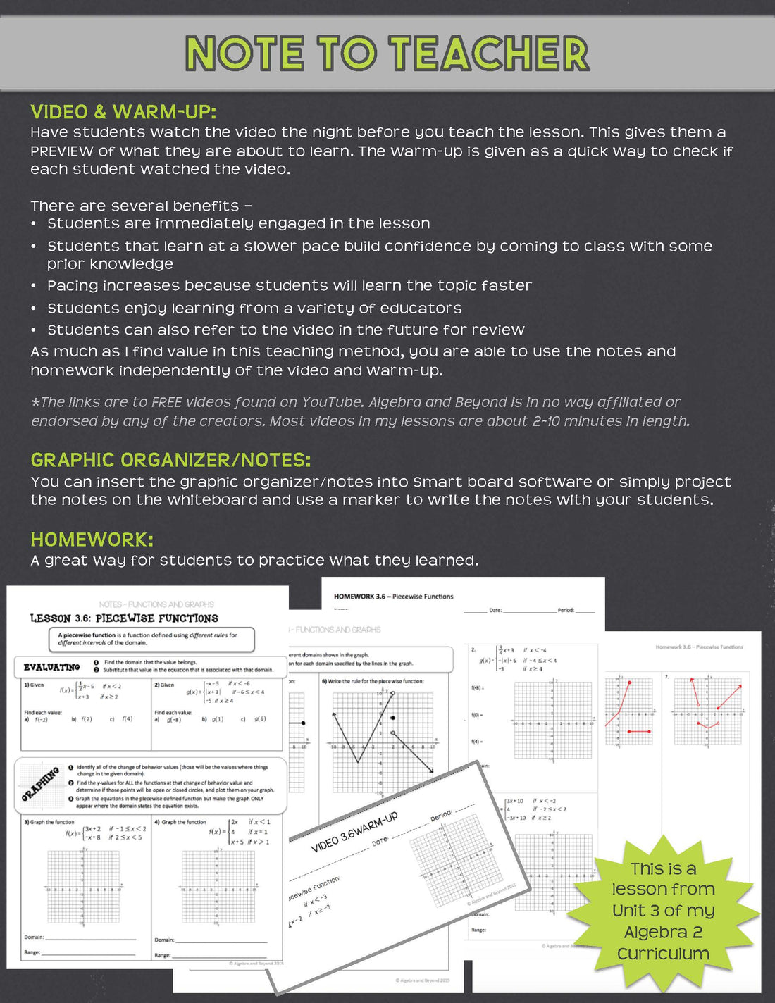 Piecewise Functions Lesson Algebra 2 Warmup Guided Notes Homew
