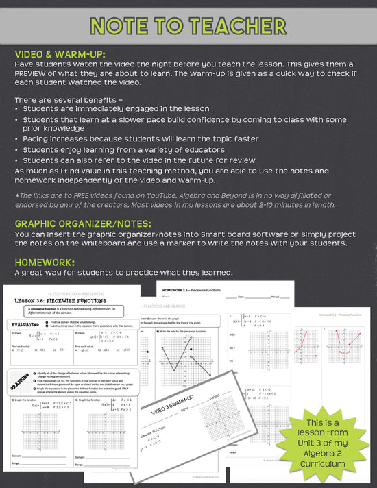 Piecewise Functions Lesson | Algebra 2 | Warmup | Guided Notes | Homew ...
