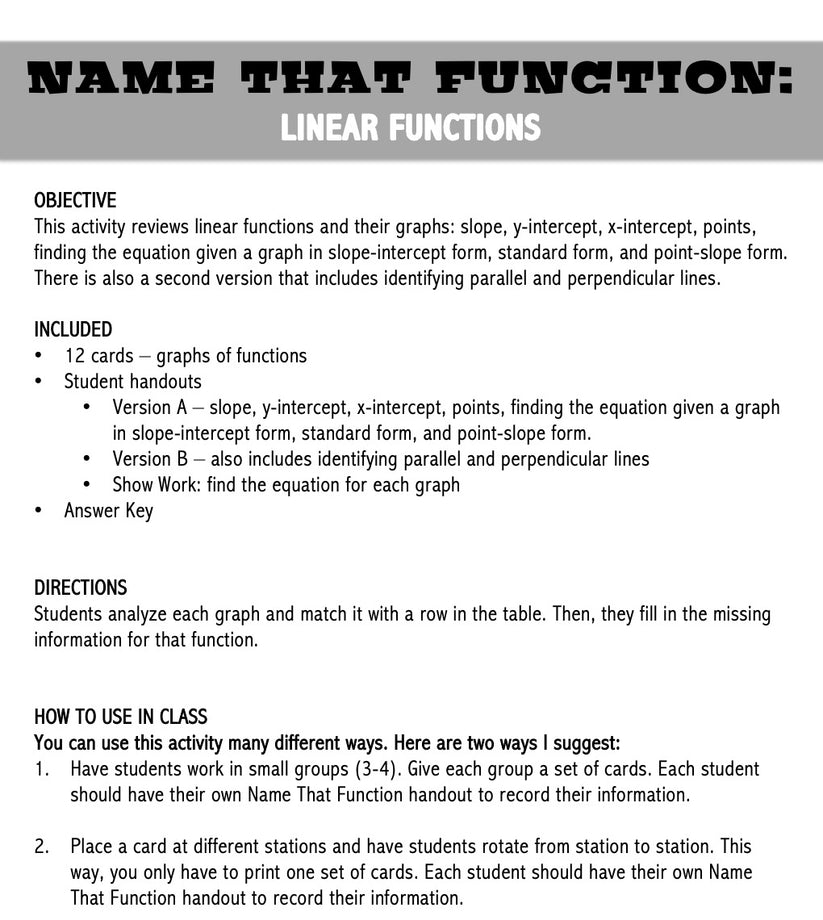 Linear Functions Name That Function Matching Activity Print And