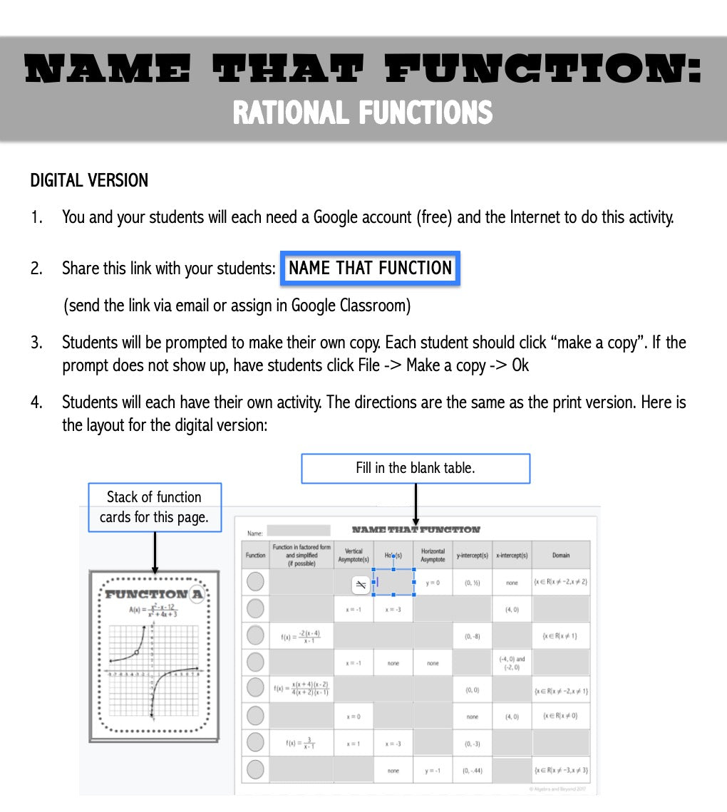 Rational Functions Name That Function Matching Activity Print An